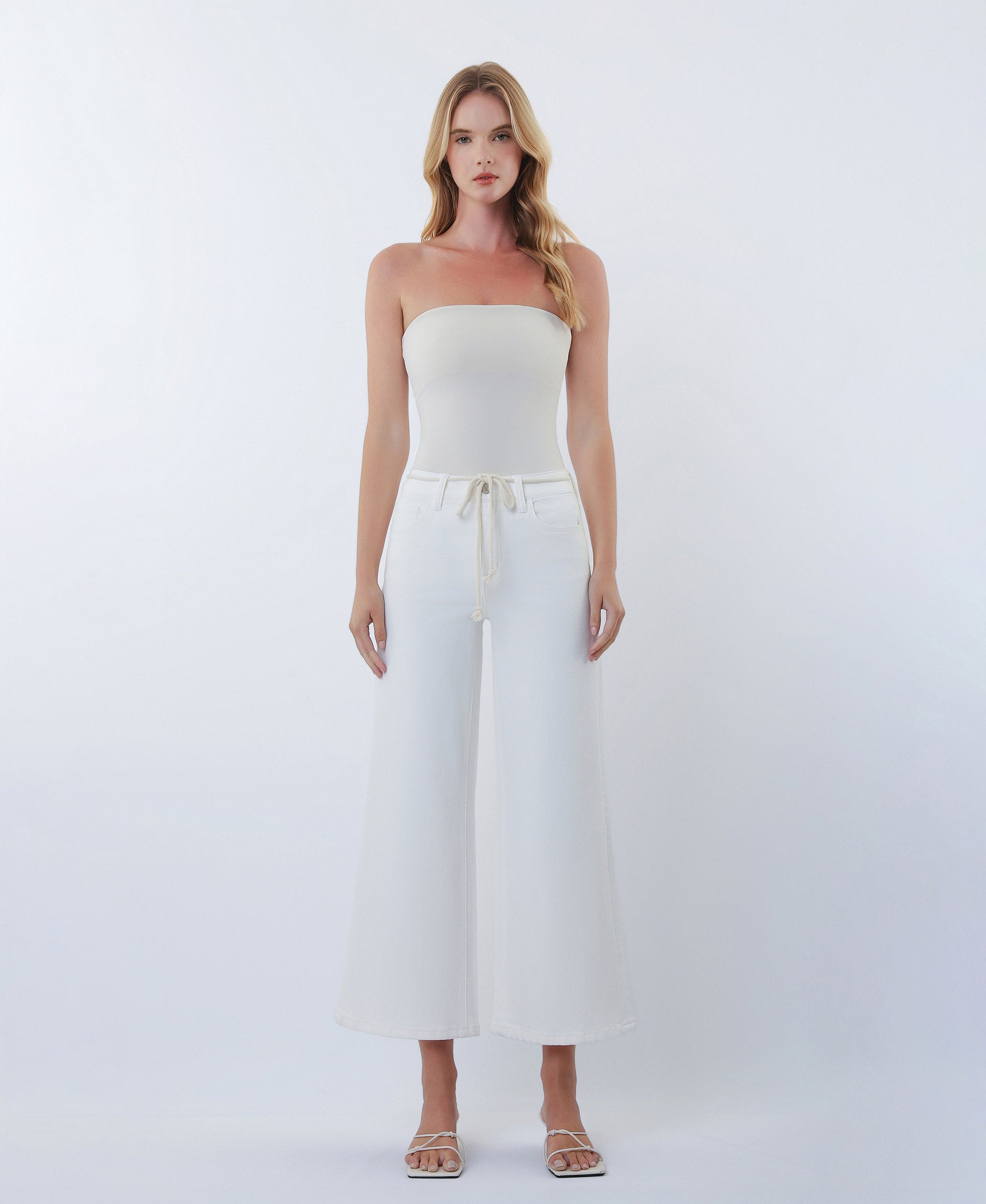 VERVET Optic White High Rise Drawstring WB Crop Wide Leg Jeans